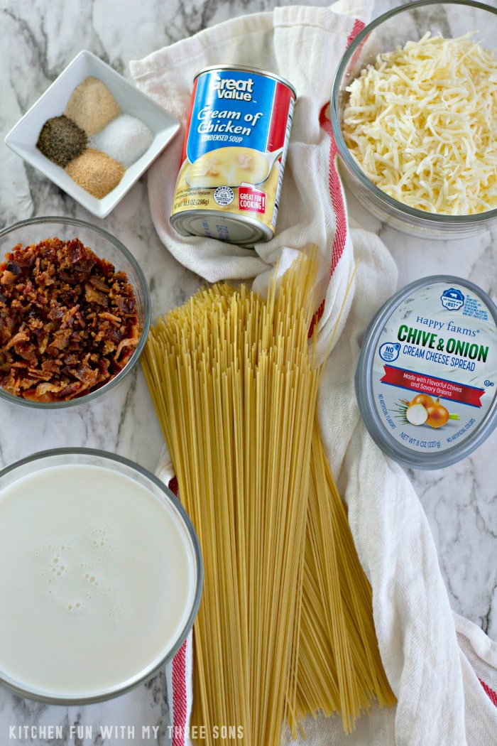 Cheesy Baked Bacon Spaghetti - Kitchen Fun With My 3 Sons