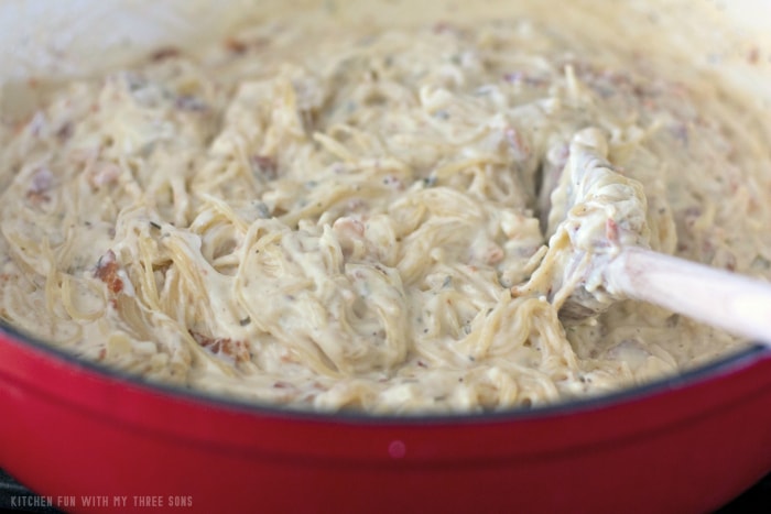 Cheesy Baked Bacon Spaghetti - Kitchen Fun With My 3 Sons