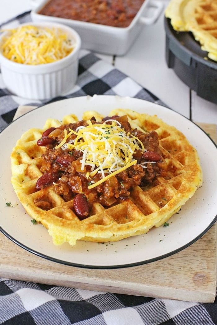 Cheesy Cornbread Waffles with Chili - Kitchen Fun With My 3 Sons