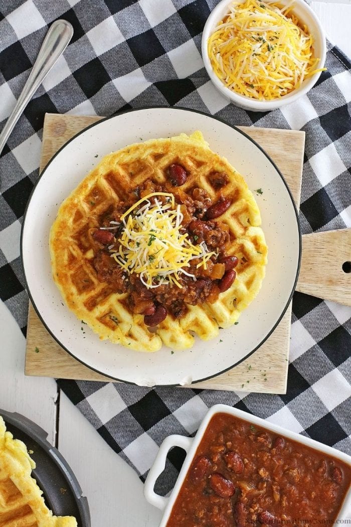 Cheesy Cornbread Waffles with Chili - Kitchen Fun With My 3 Sons